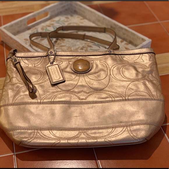 Coach | Bags | Coach Metallic Gold Signature Leather Tote | Poshmark